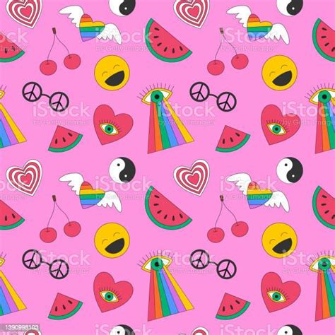 70 년대의 복고풍 상징이있는 완벽한 패턴 환각적인 눈 웃는 얼굴 체리 평화 상징 수박 체리 섬유 및 포장지에 좋습니다 분홍색의 컬러 벡터 일러스트레이션 0명에 대한 스톡