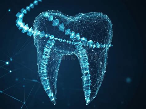 Polygonal Digital 3d Tooth On Dark Blue Background With A Glowing Dots