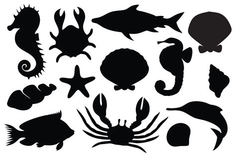 Sea Life Silhouettes Set Isolated Flat Illustration On White Background