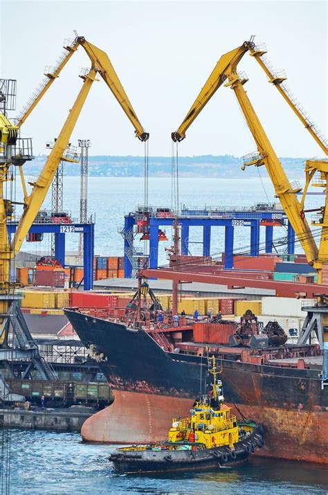 Container Stack Ship And Tugboat Stock Image Image Of Bunder