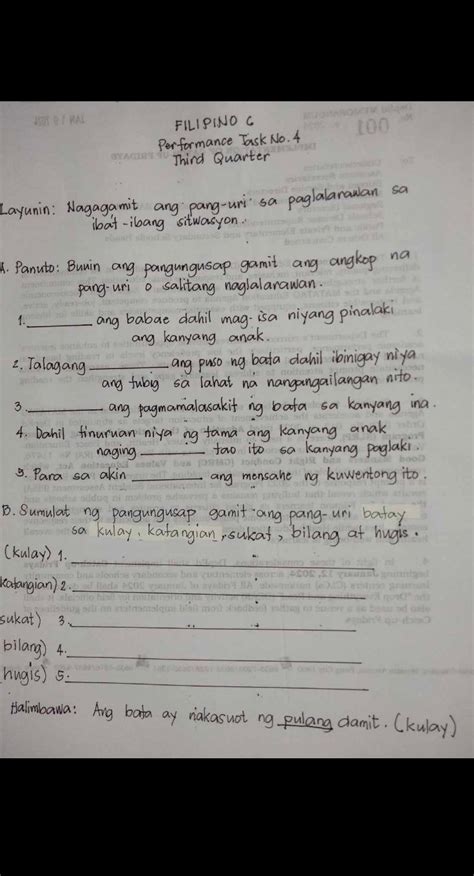 FILIPINO Performance Task No Thind Quarter Layunin Nagagamit Ang Pang Uri Sa Paglalarawan