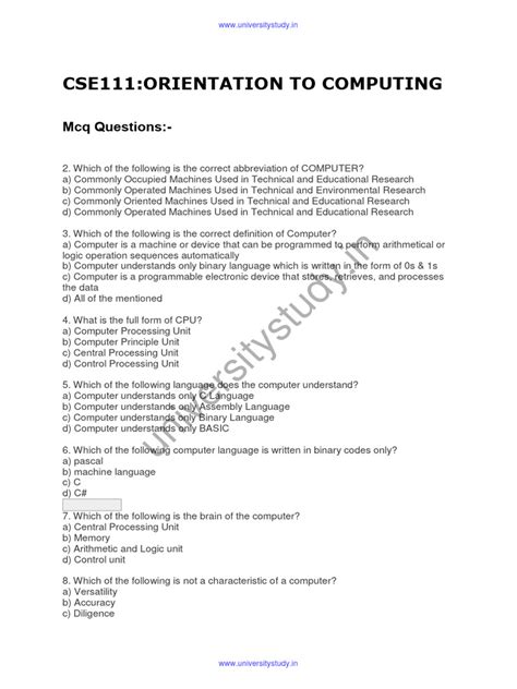 cse11 mcq queston pdf binary coded decimal computer data storage