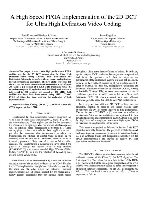Pdf A High Speed Fpga Implementation Of The 2d Dct For Ultra High