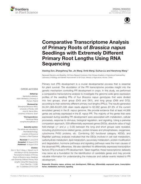 Pdf Comparative Transcriptome Analysis Of Primary Roots Of Brassica Napus Seedlings With
