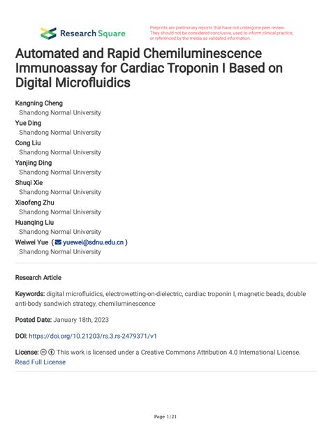 Pdf Automated And Rapid Chemiluminescence Immunoassay For Cardiac Troponin I Based On Digital
