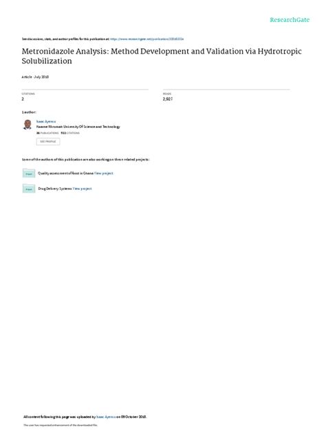 Metronidazole Analysis Method Development And Validation Via Hydrotropic Solubilization Pdf