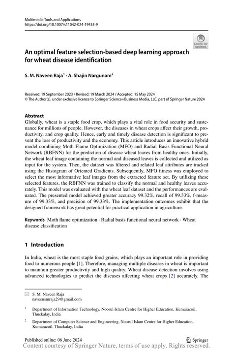 An Optimal Feature Selection Based Deep Learning Approach For Wheat Disease Identification