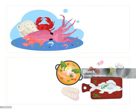 해산물 레스토랑 세트 벡터 일러스트 바다 바다 물고기와 음식 배너 디자인 메뉴에 조개 연어를 요리 신선한 해산물 포스터 굴에 대한 스톡 벡터 아트 및 기타 이미지 Istock