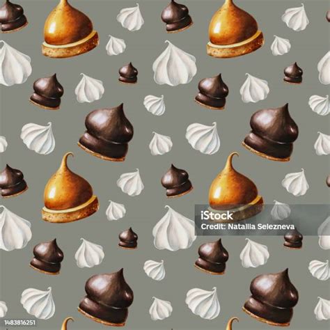 머랭 초콜릿 마시멜로 오렌지 수플레가 있는 수채화 무늬 하얀 고립된 배경에 달콤한 그림을 그리는 손 디자이너 메뉴 상점 바 비스트로 레스토랑 엽서 포장지 표지 포스터 및