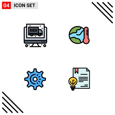 Editable Vector Line Pack Of 4 Simple Filledline Flat Colors Of Computer Gear Earth Hot Idea