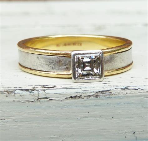 Square Solitaire Diamond Engagement Ring In Platinum And Gold Etsy