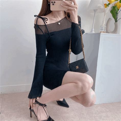 퀄리티보장2color 빈스 오프숄더 어깨 리본 끈 언발 시스루 프릴 슬림 골지 니트 원피스 에이블리