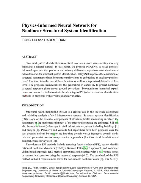 Pdf Physics Informed Neural Network For Nonlinear Structural System Identification