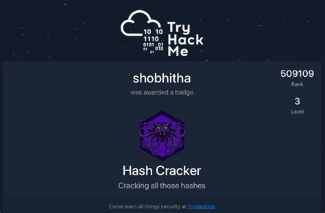 shobhitha mariyam joy on linkedin tryhackme hashcracker