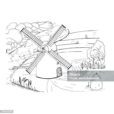 응력 방지 착색은 손으로 그려진 흑백 벡터 드로잉입니다 풍차의 그림 그리기 필드 나무 강 건초 도로 포스터 엽서 스티커 책에