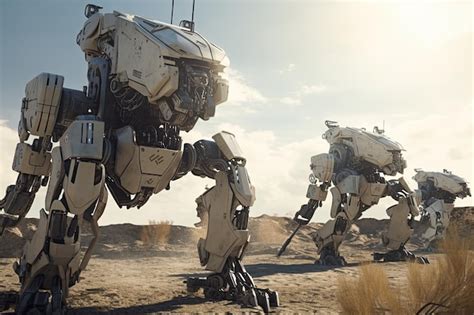 premium ai image 3d rendering of a group of robots in the desert at