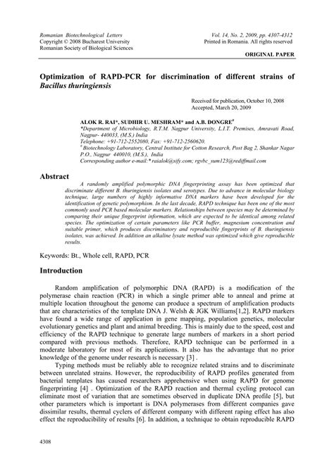 Pdf Optimization Of Rapd Pcr For Discrimination Of Different Strains