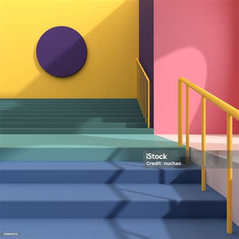 푸른 하늘 배경에 기하학 모양과 계단 최소한의 추상적 인 건물 공간 화려한 벽에 그늘과 그림자와 건축 세부 사항 3d 렌더링 0명에 대한 스톡 사진 및 기타 이미지 Istock