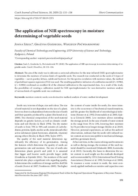 Pdf The Application Of Nir Spectroscopy In Moisture Determining Of Vegetable Seeds