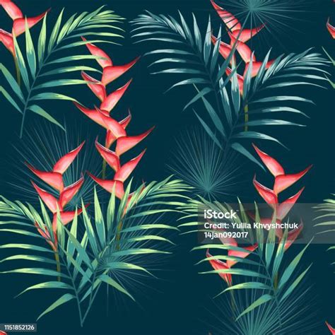 열 대 잎과 낙원 헬 리코 니 아 꽃과 완벽 한 패턴입니다 어둡고 밝은 녹색 야자수 어두운 파란색 배경에 나뭇잎 0명에 대한