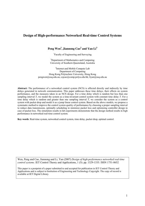 Pdf Design Of High Performance Networked Real Time Control Systems