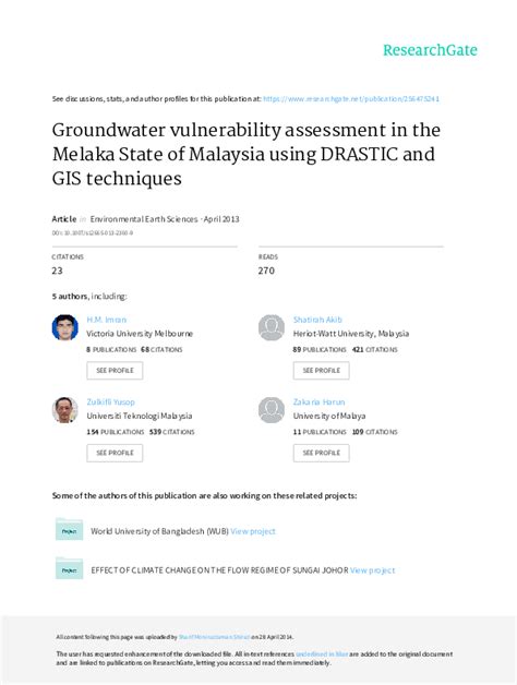Pdf Groundwater Vulnerability Assessment In The Melaka State Of Malaysia Using Drastic And Gis