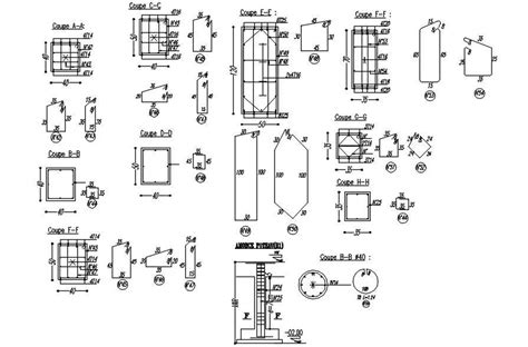 Cross Section Of Beam Column Wall And Footing Design With Reinforcement Details In Autocad 2d