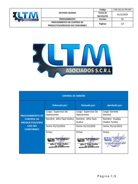 Ltm Sig Gc Pr 001 Procedimiento De Control De Salidas De Productos Servicios No Conformes Pdf