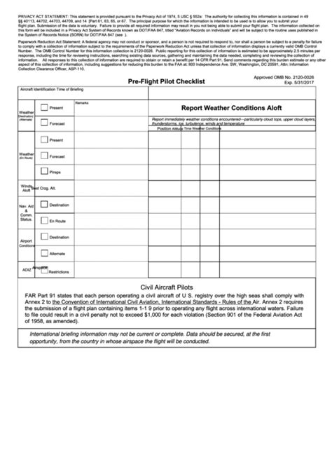 Fillable Faa Form 7233 4 Pre Flight Pilot Checklist Printable Pdf