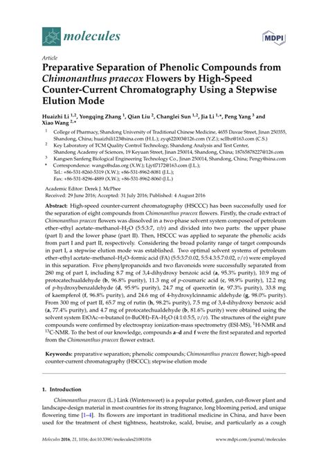 Pdf Preparative Separation Of Phenolic Compounds From Chimonanthus Praecox Flowers By High