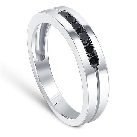 Mens 14k White Gold Black 14ct Diamond Wedding Ring