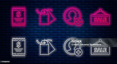 빈 라벨 템플릿 가격표 설정 계정 화면 만들기 종이 수표 및 재정 수표 및 판매 기호 걸기 벽돌 벽에 빛나는 네온 아이콘입니다 벡터 0명에 대한 스톡 벡터 아트 및 기타
