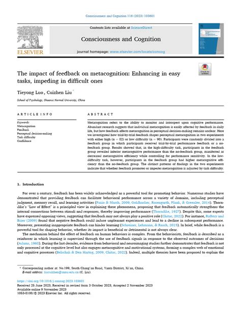 The Impact Of Feedback On Metacognition Pdf Metacognition