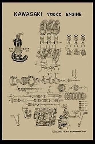 Vintage Kawasaki H2 750 Exploded Engine Motor Diagram Poster 2 X 3