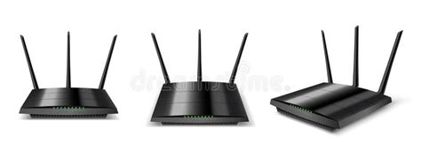 Wifi Router Front Top And Angle View Mockup Black Realistic Home Device Modem With Three