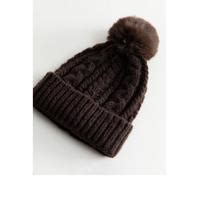 New Look Dark Brown Cable Knit Faux Fur Pom Pom Bobble Hat Very