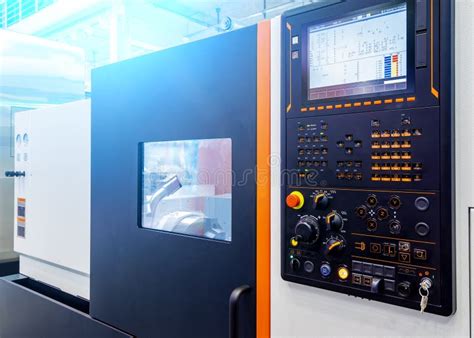 Emergency Stop Button Depth Of Field Focus Blur In CNC Machine Control Panel With Machining