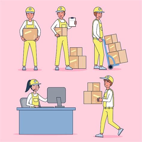배달원 큰 세트의 캐릭터 컬렉션 전문 유니폼 만화 스타일을 입고 고립 된 평면 그림 무료 벡터