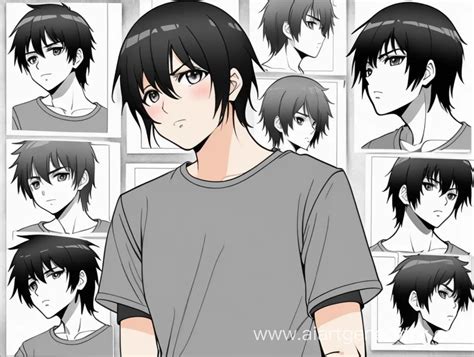 Blushing Anime Boy With Black Hair In Grey Tshirt Manga Page With