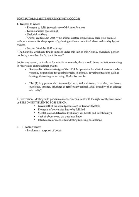 TORT Tutorial TORT TUTORIAL INTERFERENCE WITH GOODS Trespass To Goods Elements To Fulfil