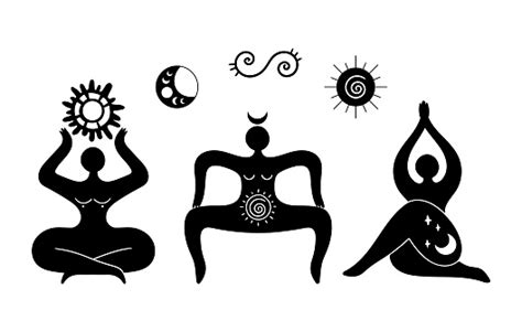 신비한 천체와 태양 여신 고립 된 클립 아트 번들 신비한 Wiccan 여성 실루엣 여성 기호 달과 태양 난해 한 개체 흑백 벡터