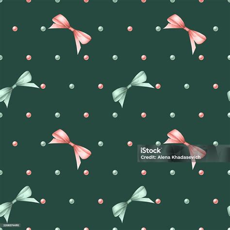 수채화 요염한 활과 빨간색과 녹색의 구슬 축제 포장 종이 섬유 포장 커튼 스크랩북 종이에 대한 짙은 녹색 배경에 고립 된 손으로 그린 원활한 패턴 고정됨에 대한 스톡 벡터