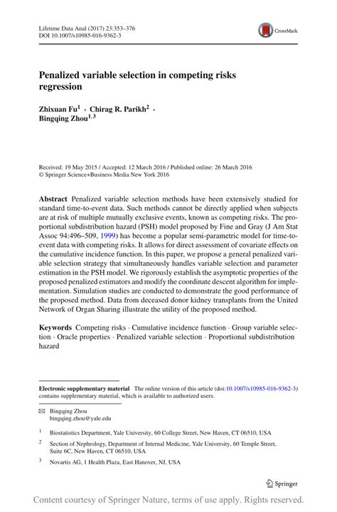 Penalized Variable Selection In Competing Risks Regression Request PDF