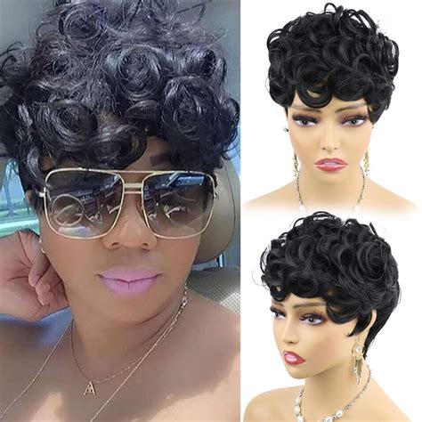 Flandi Short Pixie Curly Wigs For Black Women Natural Black Synthetic