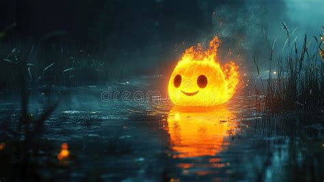 Smiling Fire Spirit Floats On Dark Water In A Mystical Swamp At Night