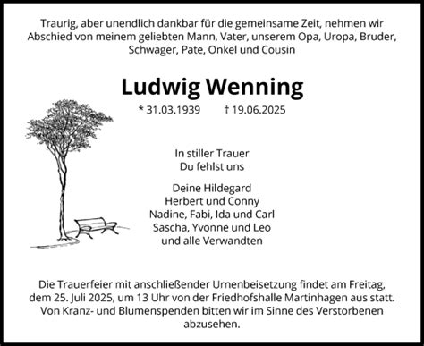 Traueranzeigen Von Ludwig Wenning Trauer Hna De