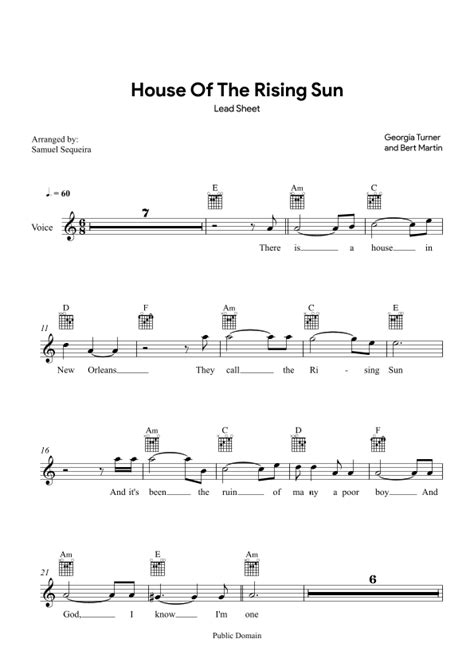 House Of The Rising Sun Lead Sheet With Play Along Arr Samuel