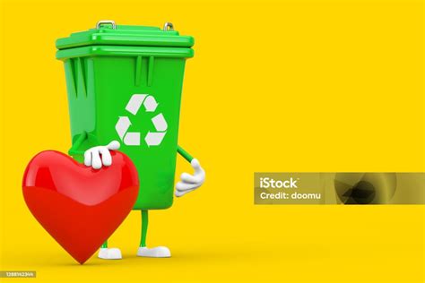 빨간 마음으로 재활용 기호 녹색 쓰레기 쓰레기 쓰레기통 문자 마스코트 3d 렌더링 낮에 대한 스톡 사진 및 기타 이미지 낮