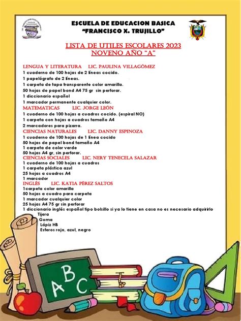 Lista De Útiles Escolares 2023 9° A Pdf Ficción General