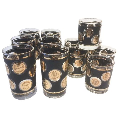 Vintage 12 Piece Libbey Gold Coin Barware Suite 6 Highball 6 Rocks